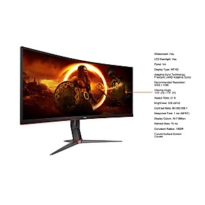 AOC CQ34G2 Super Curved Frameless Gaming Monitor, UltraWide FHD 2560x1080, 1500R VA Panel, 1ms MPRT, 75Hz, FreeSync, Height Adjustable, 3-Yr Zero Dead Pixels Black/Silver