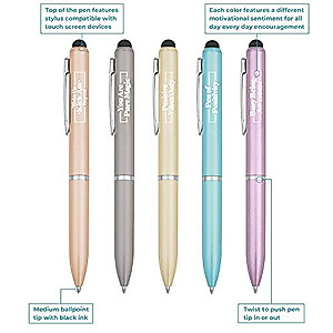 Cheersville 5 Pack Pastel Pens with Stylus Tip - Assorted Designs Motivational Quotes - Ballpoint Black Ink Fine Point 0.5mm, Assorted Designs School Office Home Onboarding Employee Gifts