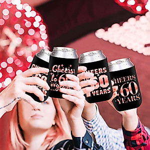 12Pcs Can Cooler Sleeves - Rose Gold 60th Birthday Decorations for Women - Beverage Can Cooler Sleeves for Cheers to 60 Years Old Party Supplies Gift
