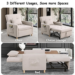 Keainvren Sleeper Chair Bed Convertible Chair Bed Sleeper Pull Out Sofa Bed with Adjustable Backrest Linen Fabric Convertible Chair to Bed with Side Pocket for Living Room, Apartment-Beige