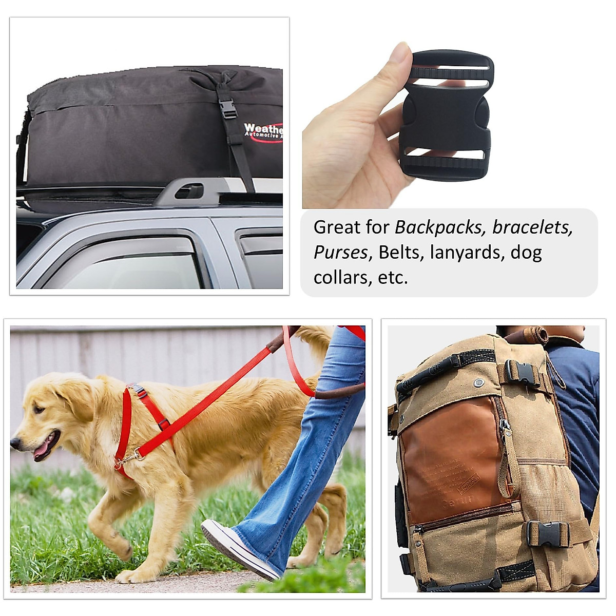 EesTeck 2 Set 1.5 Inch Flat Dual Adjustable Plastic Quick Side Release Plastic Buckles and Tri-glide Slides for Luggage Straps Pet Collar Backpack Repairing (Black, Fit For 1.5”/38mm Webbing Straps)