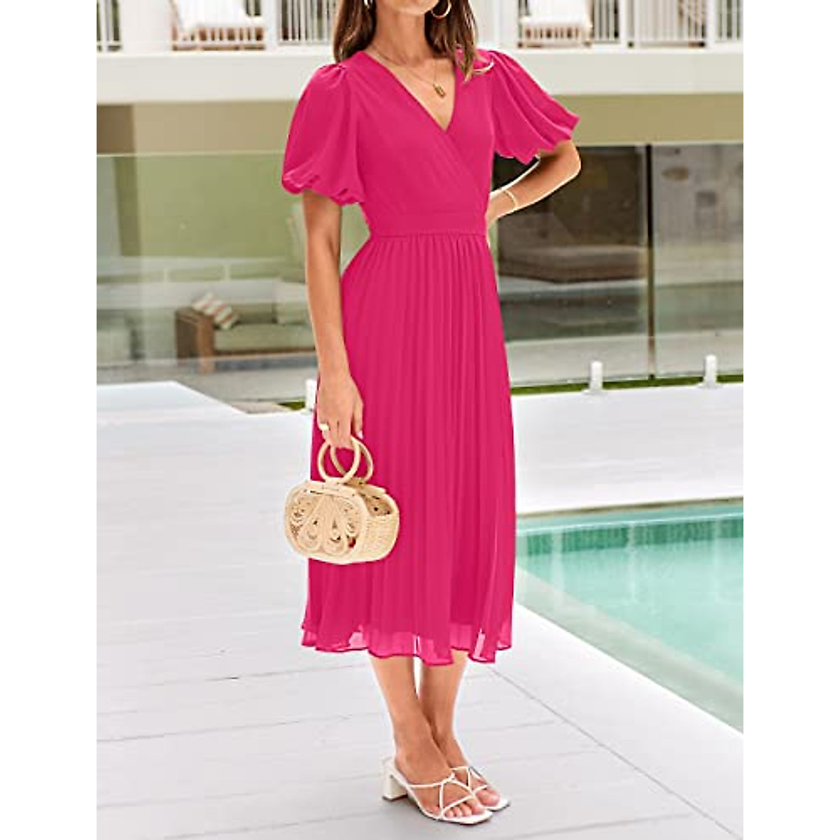 MEROKEETY Summer Dress for Women 2023 Wrap V Neck Bubble Sleeve Pleated Party Midi Dresses,HotPink,S