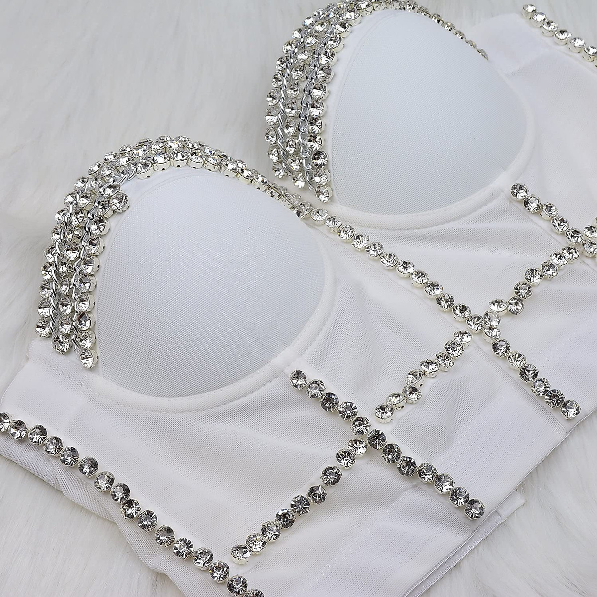 ELLACCI Women's Diamond Chain Mesh Bustier Crop Top Push Up Corset Top Bralet White Medium