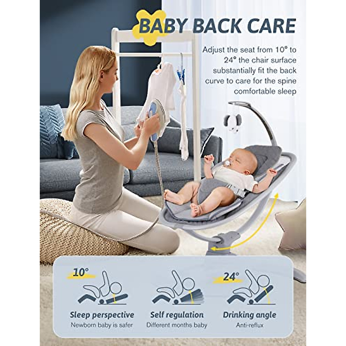 Baby Swings for Infants, Electric Portable Baby Swing by Remote Control 3 Swing Speeds and Music Speaker, Adjustable Recline Baby Bouncer with Harness Belt Suitable for 5-20 lbs Newborn Toddler