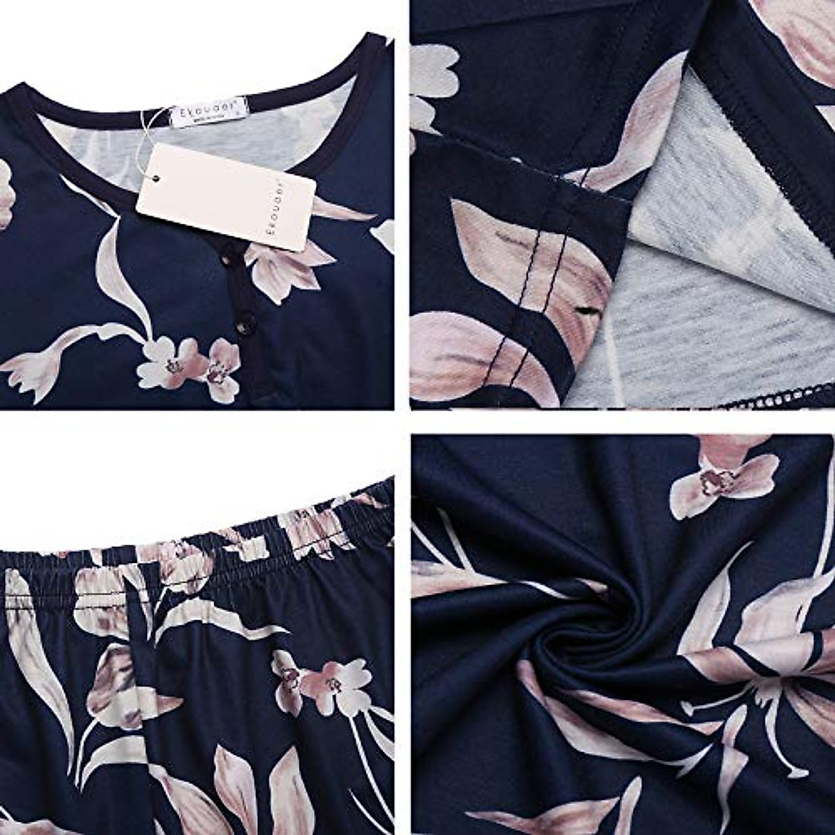 Ekouaer Ladies Pajamas Two Pieces Floral Printed Short Sleeves Shirt Set Capri Pants Sleepwear with Button PJS Sets Navy Blue S