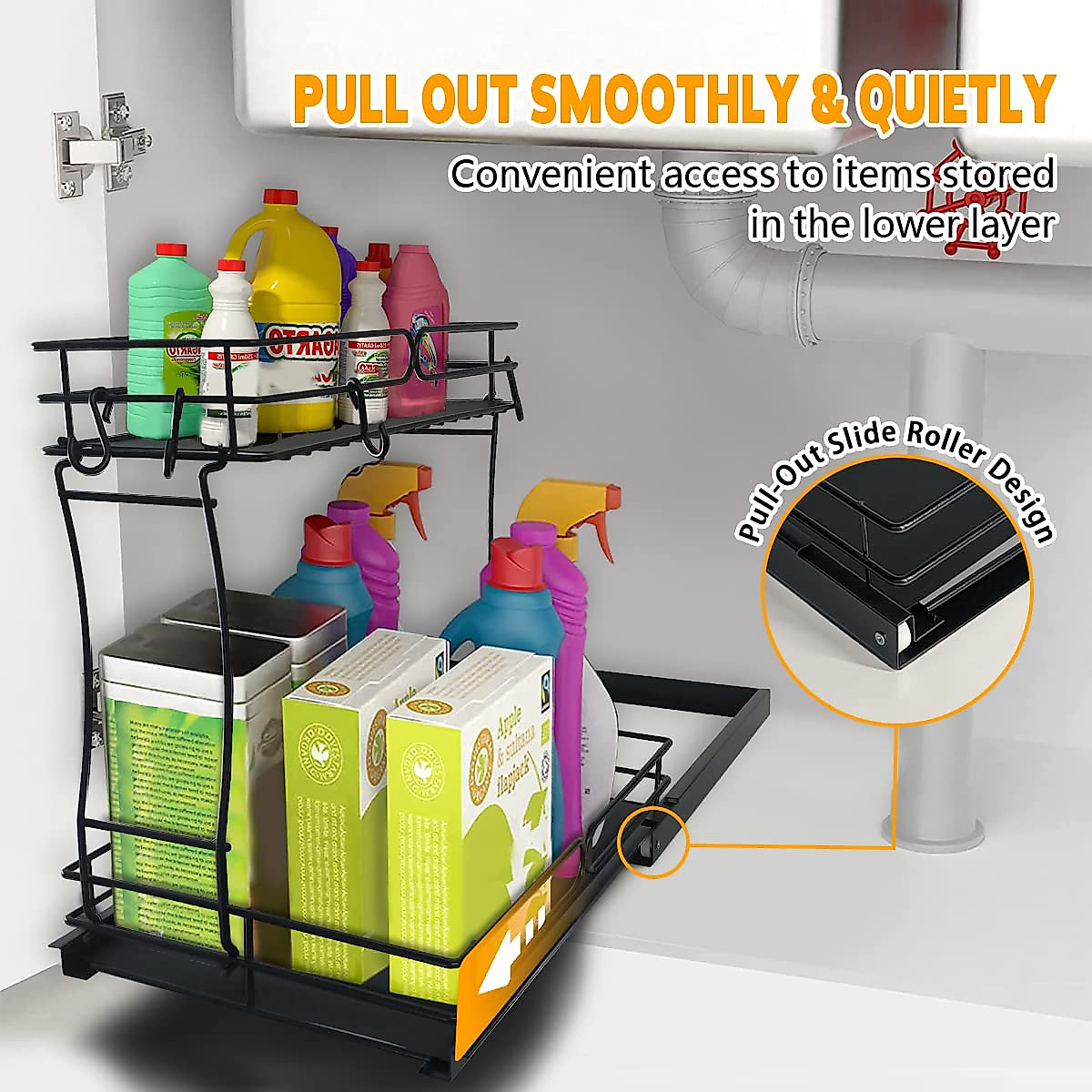 HANSILINA Pull Out Cabinet Organizer 2 Tier Under Sink Cabinet Organizer Storage Shelf with Sliding Storage Basket for Kitchen Bathroom Laundry Room, 10.6Wx14.5Dx13.6H-inch