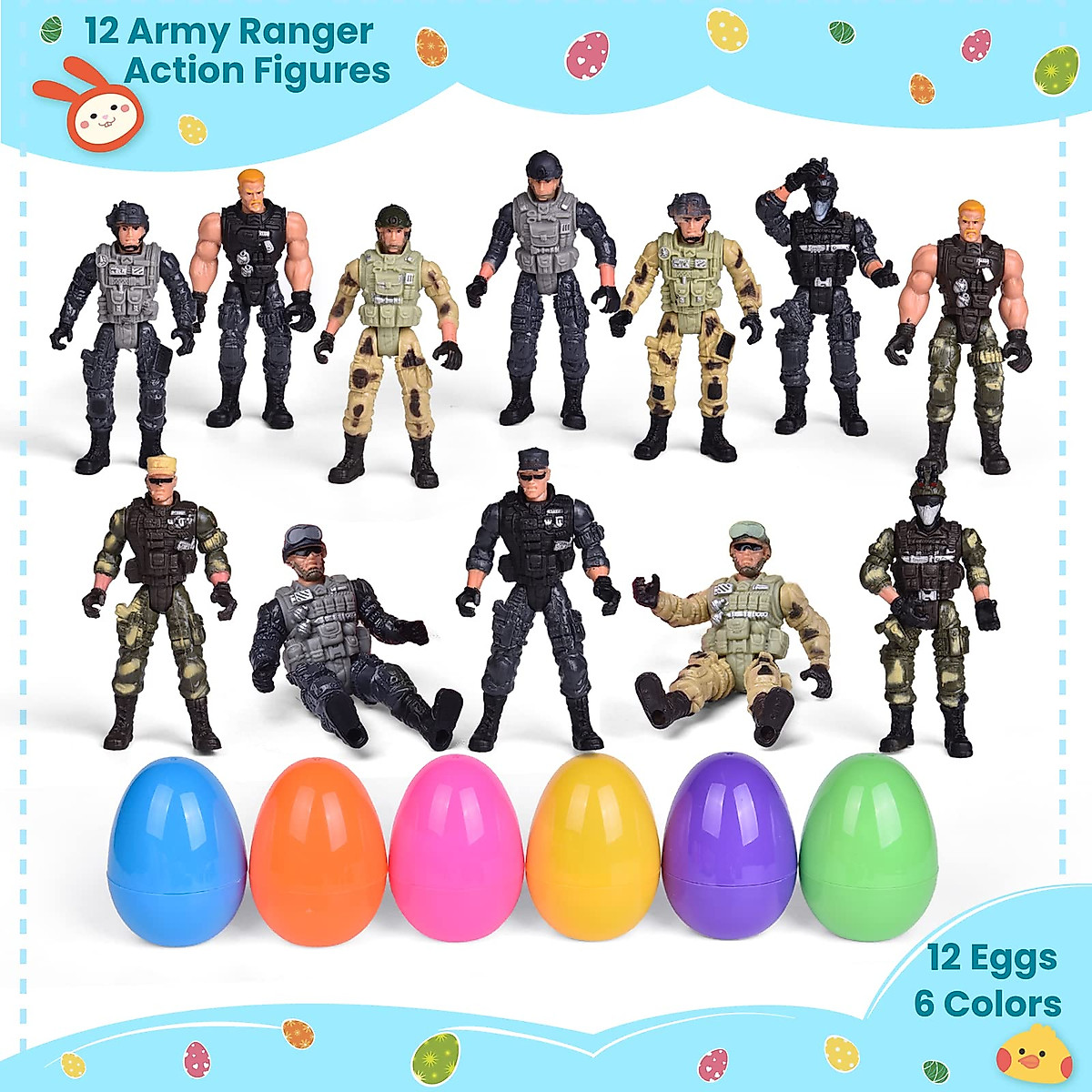 FUN LITTLE TOYS 12PCS Easter Egg with Army Men Realistic Army Ranger Action Figures, Easter Stocking Stuffers, Easter Basket Stuffers