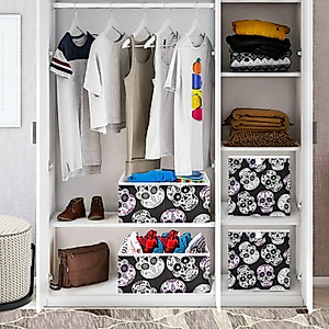 Sugar Skulls Flowers Basket Cube Storage Bins Fabric Storage Baskets Collapsible Decorative Storage Box with Handles Organizer Bag for Shelf Closet Toy Gift 15 x 11 x 7