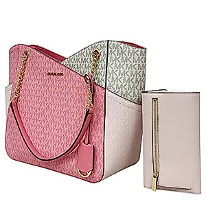 Michael Kors Jet Set Travel Large Chain Shoulder Tote Tea Rose Pink MK Signature Bundled Jet Set Travel Large Trifold Wallet Powder Blush Pink Saffiano