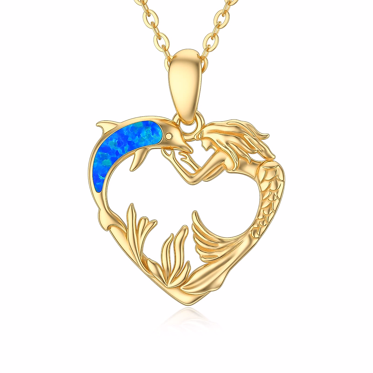 YDD 14K Solid Gold Mermaid Necklace for Women Dolphin Opal Necklace Heart Pendant Necklace Ocean Necklace 16''-18''