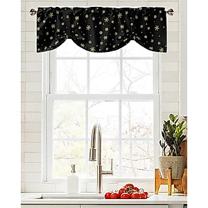 Tie Up Valance Curtains for Window, Gold Snowflakes Curtain Valance Adjustable Balloon Shade Window Valance for Living Room Bedroom Short Curtain Seasonal Winter Christmas Black Backdrop 42"x12"