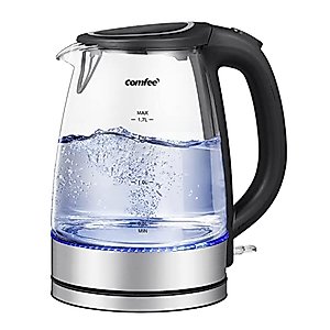 COMFEE' Glass Electric Tea Kettle & Hot Water Boiler, 1.7L, Cordless with LED Indicator, 1500W Fast Boil, Auto Shut-Off and Boil-Dry Protection