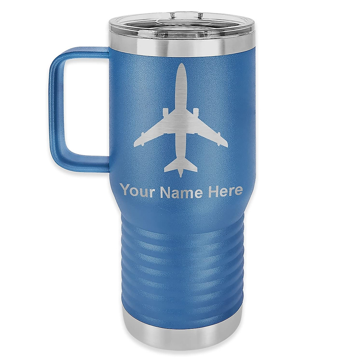 LaserGram 20oz Vacuum Insulated Travel Mug with Handle, Jet Airplane, Personalized Engraving Included (Dark Blue)