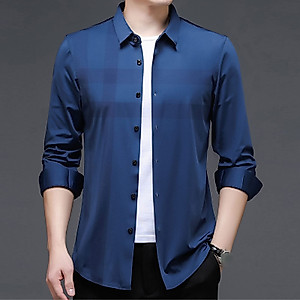 Men Plaid Wrinkle Free Dress Shirt Turn-Down Collar Button Down Business Shirts Casual Slim Fit Long Sleeve Shirts (Blue 1,4X-Large)