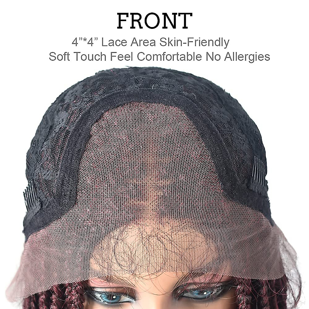 Curve Hair 3“X3.8 Realistic Hand Tied Lace Front Box Braids Glueless Wig for Women Premium Quality Synthetic Lightweight Twist BOB Braided Wigs with Baby Hair Black Mix Wine Red Color (#1B/99JT)