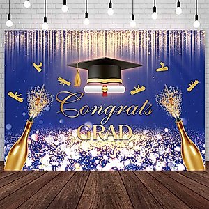 AIBIIN 7x5ft Congrats Grad Backdrop Blue Gold Glitter Graduation Party Decorations Class of 2023 Congratulate Graduation Prom Party Banner Photo Booth Props