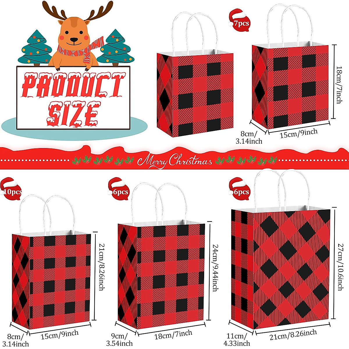 72 Pcs Christmas Gift Bags Red and Black Plaid Paper Bags Christmas Goodie Bags Bulk Birthday Party Favor Treat Gift Bags with Handle for Valentine's Day, Christmas, Wedding Gift