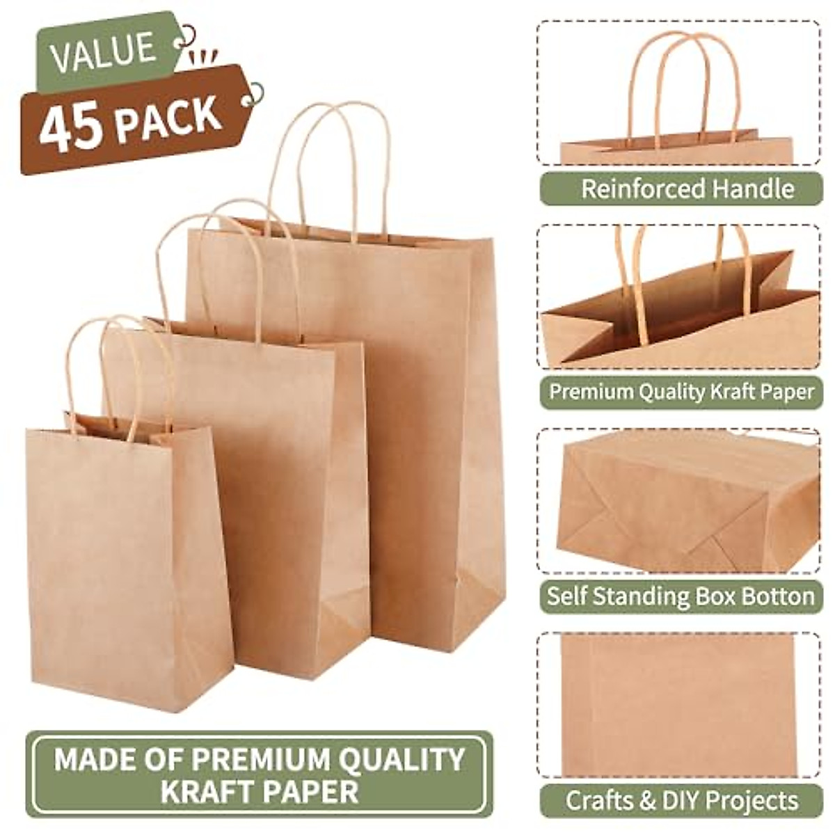 TOMNK 45pc Kraft Paper Gift Bags with Handles - 8/10/12.6 Inch (3 Sizes, 15pc Each) for Business & Party Use
