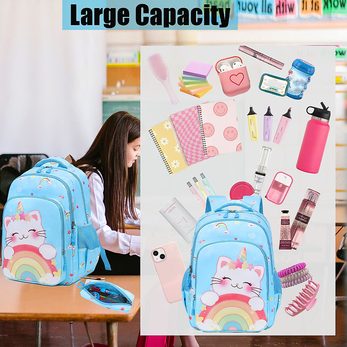 Jumpopack Unicorn Backpack for Girls School Backpacks for Elementary Girls Backpack with Lunch Box Lightweight Water Resistance School Bag Preschool Kids Bookbag,Unicorn Cat