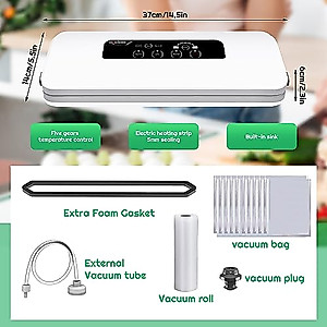 VACSLANOK Vacuum Sealer Machine, 70Kpa Automatic Vacuum Air Food Saver One-Click Operation, 4 Food Preservation Modes, 5 Temperature Modes With 50 Vacuum Sealer Bags and External Vacuum Pump,white