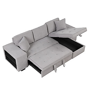 FANYE 2024 Linen Upholstery Pull Out Sleeper Sectional Sofa & Couch W/Stools and Shelves, L-Shaped Corner Upholstered Sofa Couch with 2 Pillows and Reversible Storage Chaise for Living Room