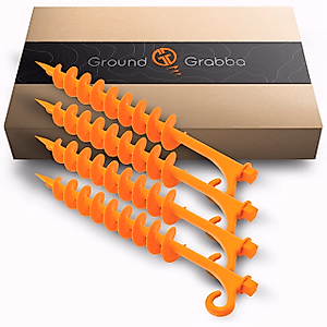 GROUNDGRABBA Lite Orange Tent Stakes - Tent Stakes for Sand | Screw in Earth Ground Anchors for Maximum Grip and Longevity in Soft Surfaces - 4 Pack