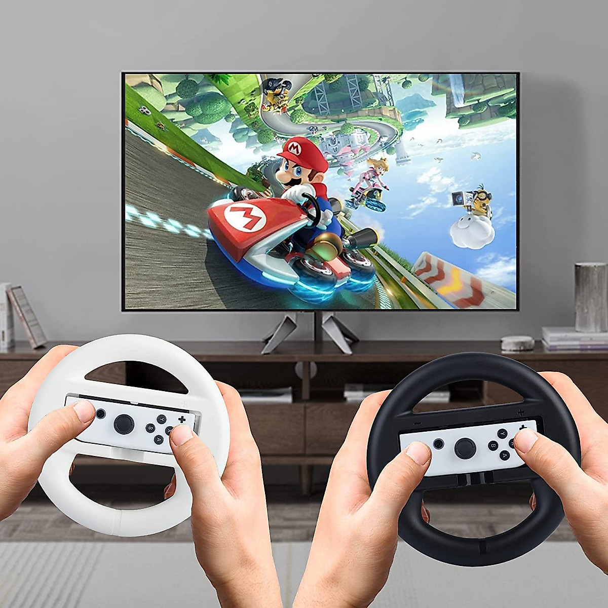 EIMGO 2 x Steering Wheels for Nintendo Switch & OLED Joy-Con Racing Game Controller Attachments Handle Grips Set (round, White+Black)