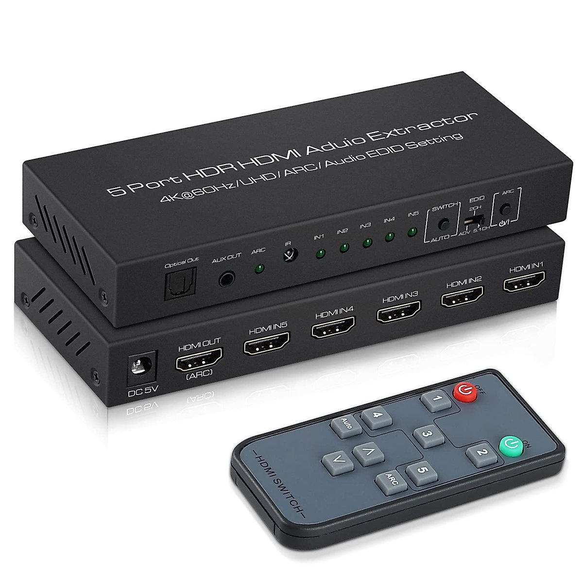 4K@60Hz HDMI Switch 5x1 with Audio Extractor, avedio links 5 Port HDMI Switcher with Optical SPDIF + 3.5mm Audio, 5 in 1 Out HDMI Audio Selector Switch Box with Remote Support HDR10 ARC 18Gbps HDCP2.2