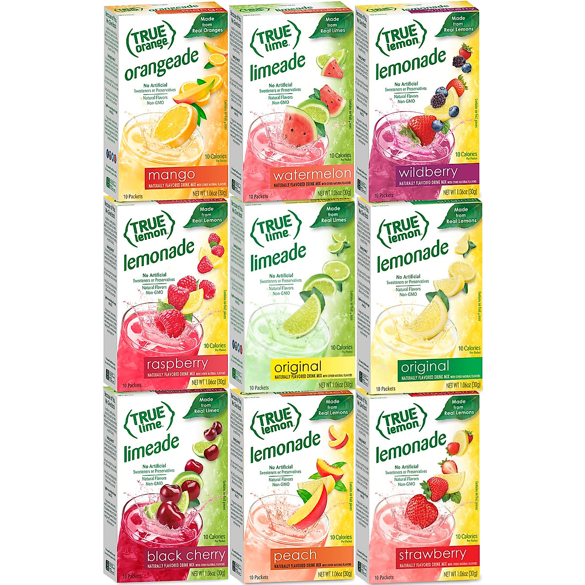 True Lemon STRAWBERRY, WILDBERRY, LIMEADE, WATERMELON, BLACK CHERRY, MANGO ORANGE, PEACH, LEMONADE, RASPBERRY 10ct each box. Citrus Sample Kit, 1.06 Ounce (Pack of 9)