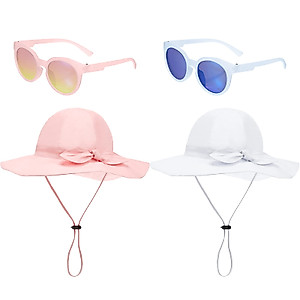 4 Pcs Baby Girl Sun Hat and Polarized Protected Sunglasses Outdoor Adjustable Beach Hat with Wide Brim for Girls Toddler Boys (Pink, White)
