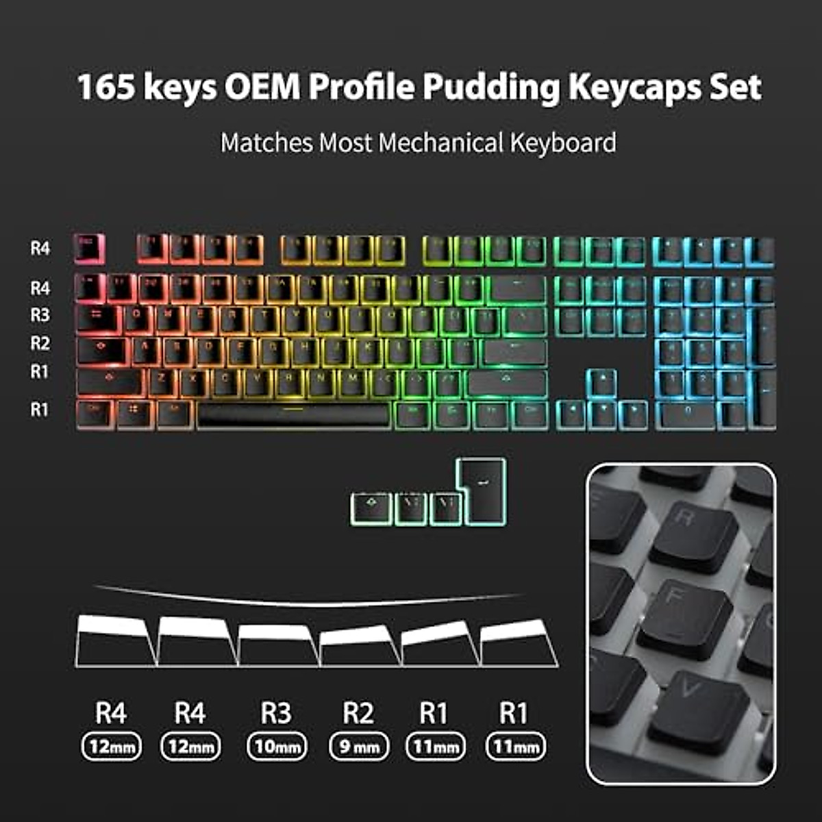 RK ROYAL KLUDGE 112 Double Shot PBT Pudding Keycaps, OEM Profile ANSI ISO Layout Keycap Set with Translucent Layer for Mechanical Keyboard, Black