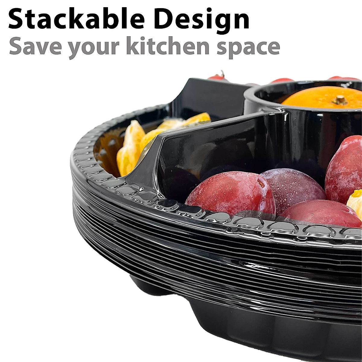 Apatal 12Pcs Disposable Fruit Trays, Round Plastic Appetizer Serving Tray with Lid 5 Compartment Party Platters Divided Food Dip Containers for Snack Vegetable Salad Veggie Fruit Organizer-Black