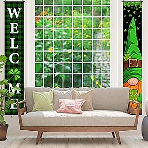 FARMNALL St Patricks Day Porch Banner Green Buffalo Plaid Gnome Front Door Sign Shamrock Four Leaf Lucky Clover Wall Hanging Decorations and Supplies for Home Office Farmhouse Holiday Decor