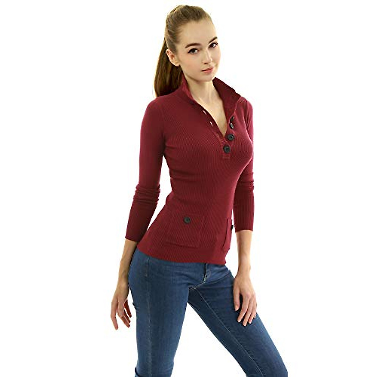 AmélieBoutik Women Button Up V Neck Ribbed Pullover Sweater with Pocket (Burgundy Small)