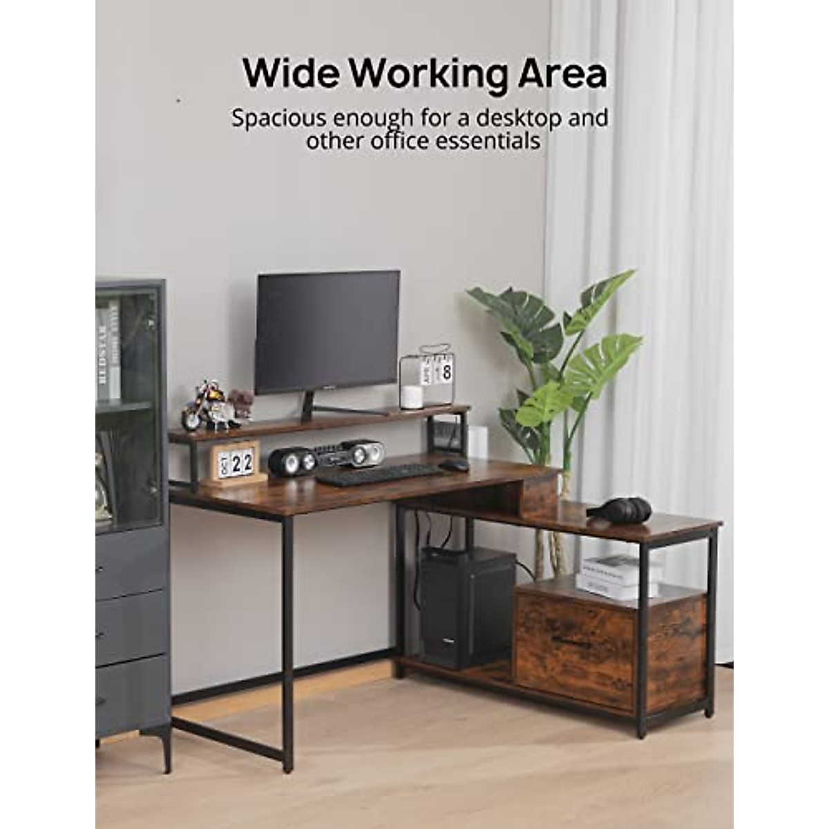 AMNOOL L Shaped Office Desk Home Office Computer Desk with Power Socket and LED Light Strip Gaming Desk with File Drawer Corner Desk with Monitor Stand and Printer Storage Rack