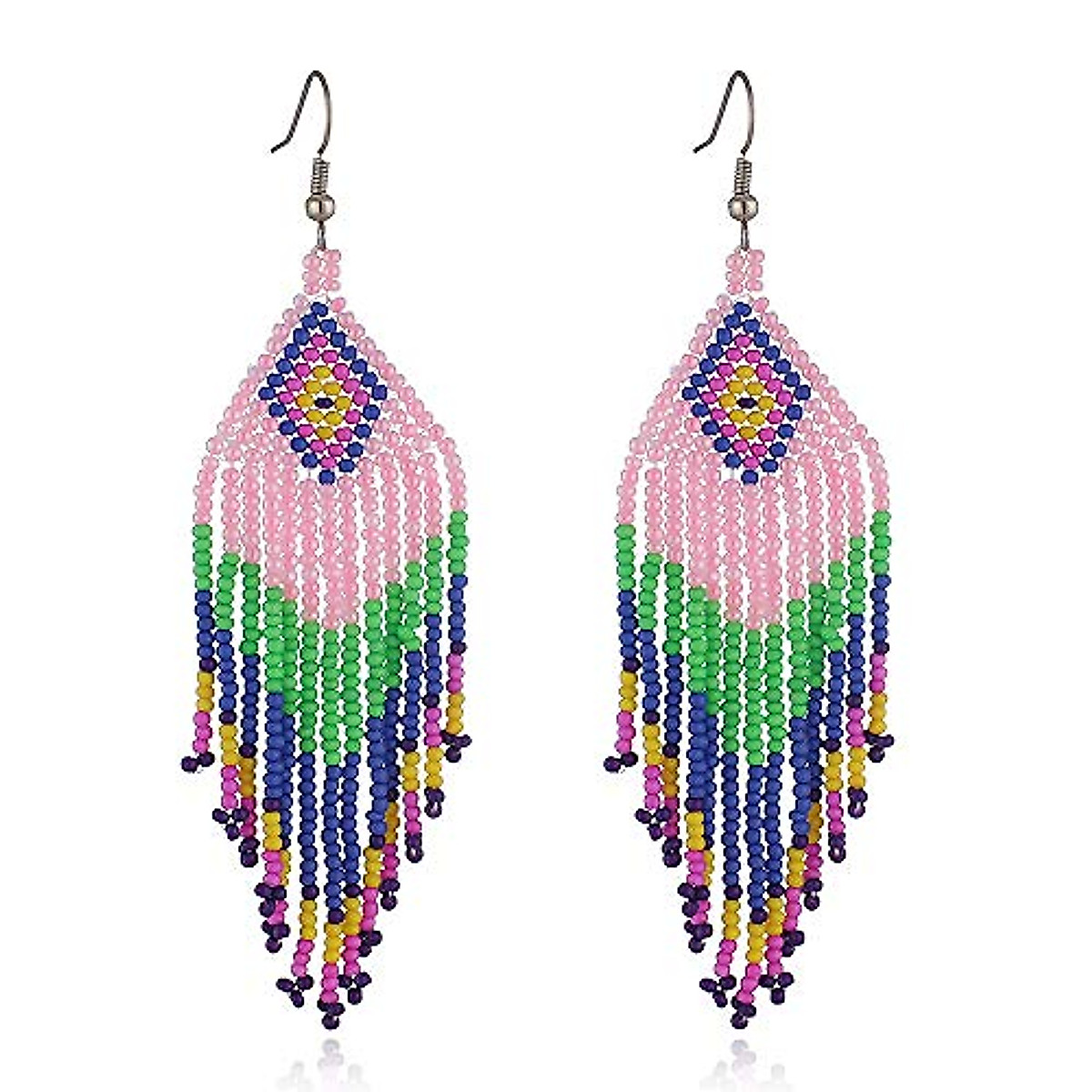Weicam Women Jewellery 4 Pair Multicolor Nation Bohemian Style Tassel Earrings Handmade Beaded Jewelry