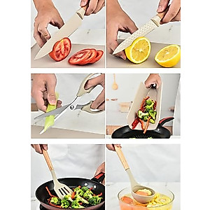 Kitchen Utensils Set-Cooking Utensils Set, 13-in-1 Kitchen Set with 8 Pieces Cooking Utensils+5 Pieces Knife Set with Block, Kitchen Utensils Non Stick and Heat Resistant Large Silicone Spatula, Khaki