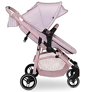 babyGap by Delta Children 2-in-1 Carriage Stroller - Greenguard Gold Certified - Car Seat Compatible, One-Handed Fold, Lightweight & Oversized Canopy - Made with Sustainable Materials, Pink Stripes