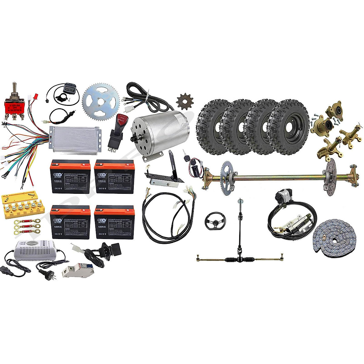 YC Yier 29" Go Kart Rear Axle Kit +Front Steering Shaft Assembly+ Brake + 4.10-6" Wheels Tires +48V 1800W Brushless Electric Motor Kit +24Ah Battery for Go Kart ATV Quad Buggy Drift Trike 4 Wheeler