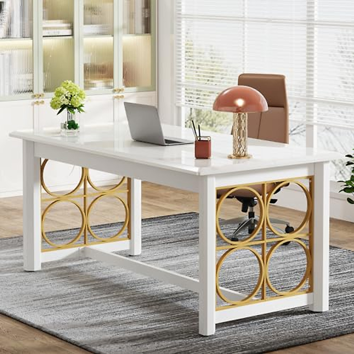 LITTLE TREE 63-inch White Executive Desk, Modern Office Desk with Stable Gold Metal Legs, Large Office Computer Desk, Home Office Business Furniture, Glossy White