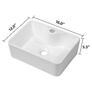 Vessel Sink Rectangular, Dcolora 16"x12" White Vessel Sink Ceramic Porcelain Rectangle Bathroom Vessel Sink Above Counter Vanity Sink Basin with Faucet Hole