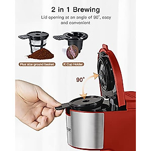 Single Serve Coffee Maker, with Reusable Ground Basket and Pod Holder, Easy to Use and Clean, One Cup Coffee Maker with Bold Brew, Descaling Reminder, Fits Travel Mug, 6 to 14 Oz Brew Size, Red