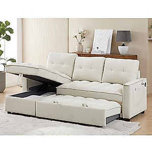 FANYE L-Shaped Reversible Sleeper Sectional Sofa Chenille Tufted Upholstered Convertible Sofabed W/Pull Out Sleep Couch Bed, Storage Chaise,USB and Type-C Charging Ports for Living Room