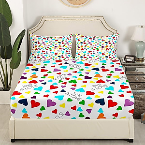 jejeloiu Kids Heart Love Sheet Set King Size Geometric Love Pattern Bed Sheets Set Romantic Sheets with Deep Pocket Fitted Sheet Valentine's Day Colorful Bedding Set with 2 Pillow Case