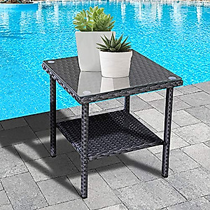 Outdoor PE Wicker Side Table - Patio Rattan Garden Coffee End Square Table with Glass Top Furniture, Black