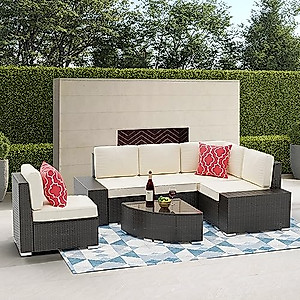 6 Pieces Patio Furniture Set All Weather Outdoor Couch, Modular Outdoor Sectional Sofa, Rattan Wick Patio Conversation Sofa Set with Washable Cushions & Glass Table for Deck, Porch, Backyard, Black