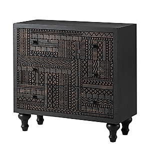 COZAYH 3 Drawer Farmhouse Dresser with Geometric Carved Pattern, Vintage Accent Wood Storage Chest Nightstand for Living Room, Bedroom, Boho, Mid-Century Modern, Black, Fully Assembled