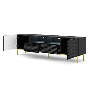 Homlando Ravenna C TV Stand 79" – Center with Storage for Living Room – Gaming Center for TVs Up to 85” – LED TV Unit - TV Entertainment – Lowboard TV Cabinet – Black Matte with Black Gloss Fronts