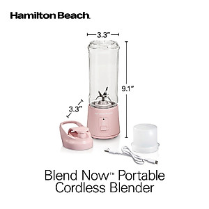 Hamilton Beach Mini Cordless Portable Personal Blender for Shakes and Smoothies, USB Rechargeable, 16 oz. Jar with Leakproof Travel Lid, 6 Stainless Steel Blades, Pink (51181)