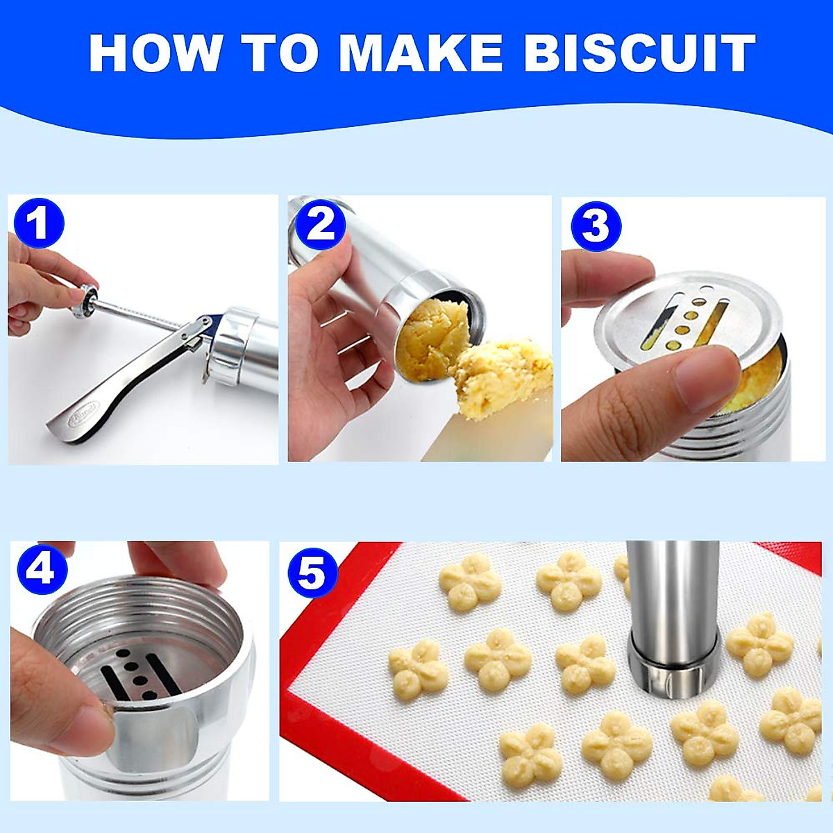 YOOUSOO Cookie Maker Cookie Press Gun, Kit Stainless Steel Biscuit Press Maker (with 20 Disc and 4 Nozzles) Homemade Baking Tool Biscuit Cake Dessert DIY Maker and Decoration